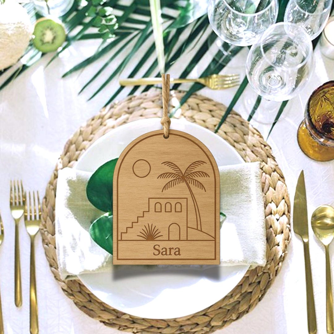 Beach Wedding Name Tags, Personalized Wooden Guest Tags, Palm Design or ...
