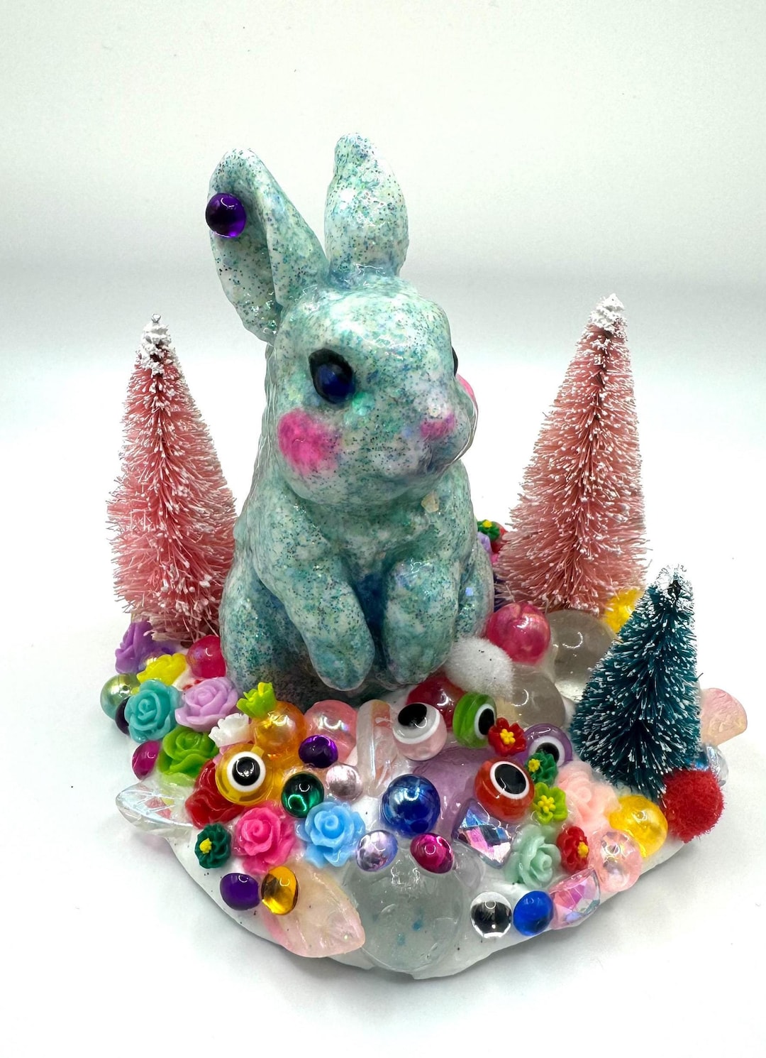 Colorful Holiday Bunny Figurine With Mini Christmas Trees - Handcrafted ...