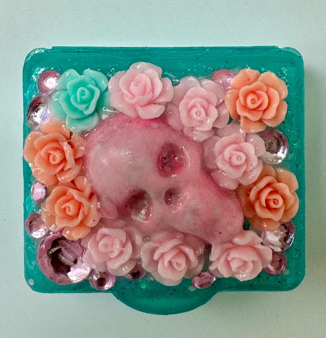 Glam and Spooky Pill Box Case With Pink Skull and Flowers - Handcrafted ...