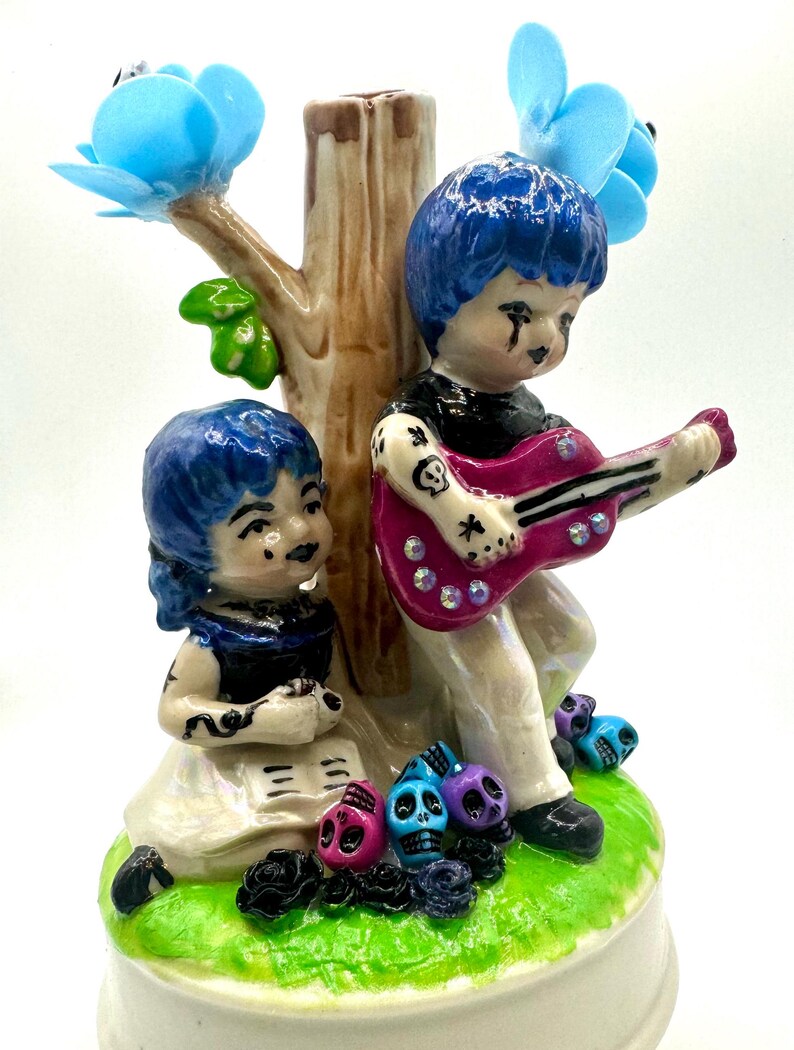 Goth Metal Punk Upcycled Figurine Music Box W Skulls, Flowers, and ...