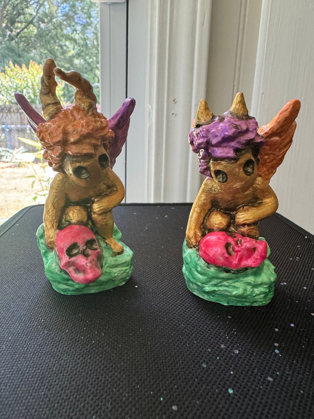 Pair of Colorful Masked Cherub & Skull Figurines, Pastel Goth, Dopamine ...