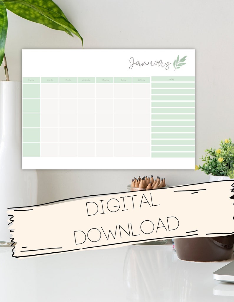12 Month Calendar | Sage Green | Reusable Digital Print Calendar| Print ...