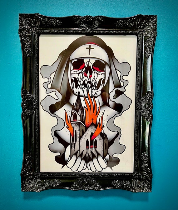 Skeleton Nun Neo Traditional Tattoo Style Print Art | Etsy