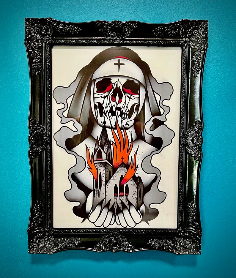Skeleton Nun Neo Traditional Tattoo Style Print Art - Etsy