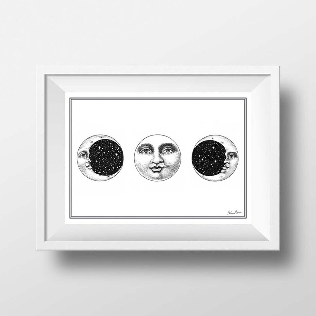 Lunar Phases / Moon Phases Art Print Hand Drawn Alternative Dot Work ...