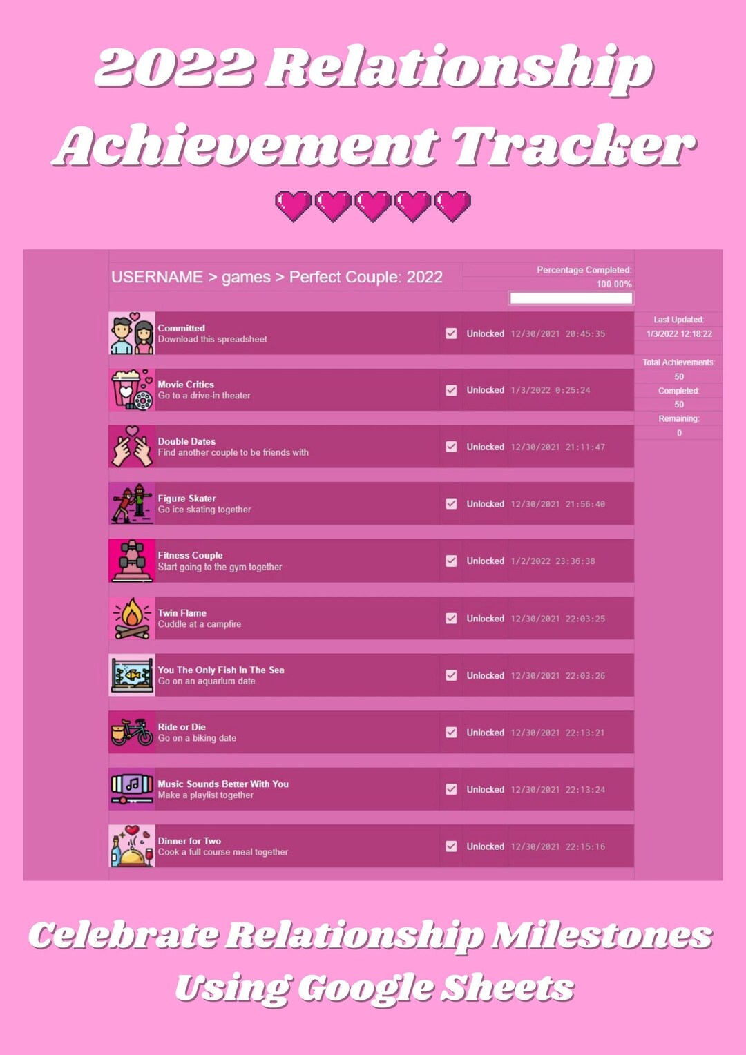 2022 Relationship Achievements Tracker GOOGLE SHEETS - Etsy