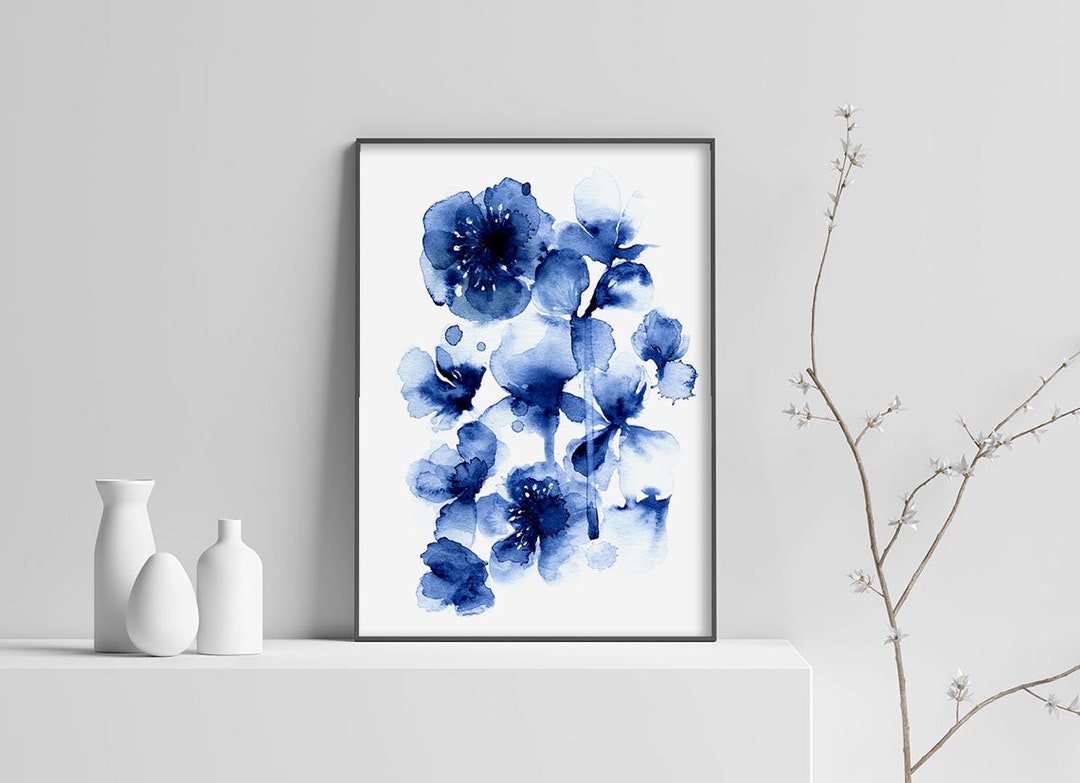 Indigo Floral, Digital Art Watercolor Painting, Loose Watercolor ...