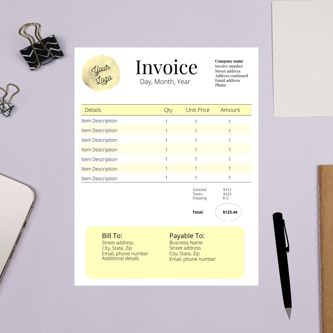 Invoice Template, Printable Invoice, Editable Invoice, Business Invoice ...
