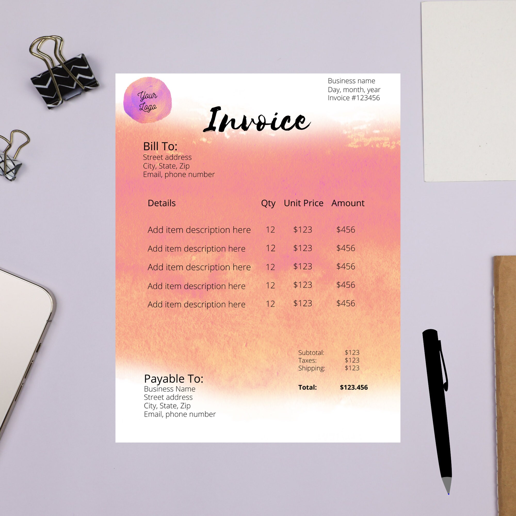 Invoice Template, Printable Invoice, Editable Invoice, CANVA Invoice ...