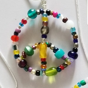 Beaded Peace Sign Pendant Necklace on 24" 925 Silver Snake Chain Peace ...