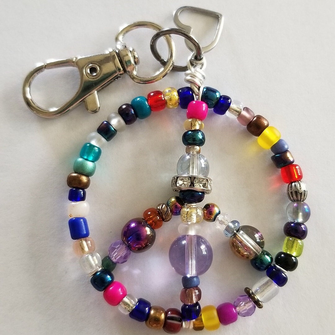 Beaded Wire Peace Sign Keychains Boho Keychains Hippie Accessory Hippie ...
