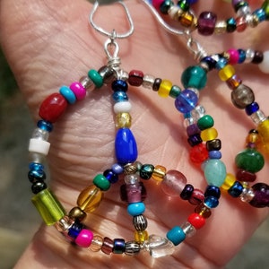 Beaded Peace Sign Pendant Necklace on 24" 925 Silver Snake Chain Peace ...