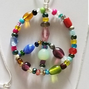 Beaded Peace Sign Pendant Necklace on 24" 925 Silver Snake Chain Peace ...