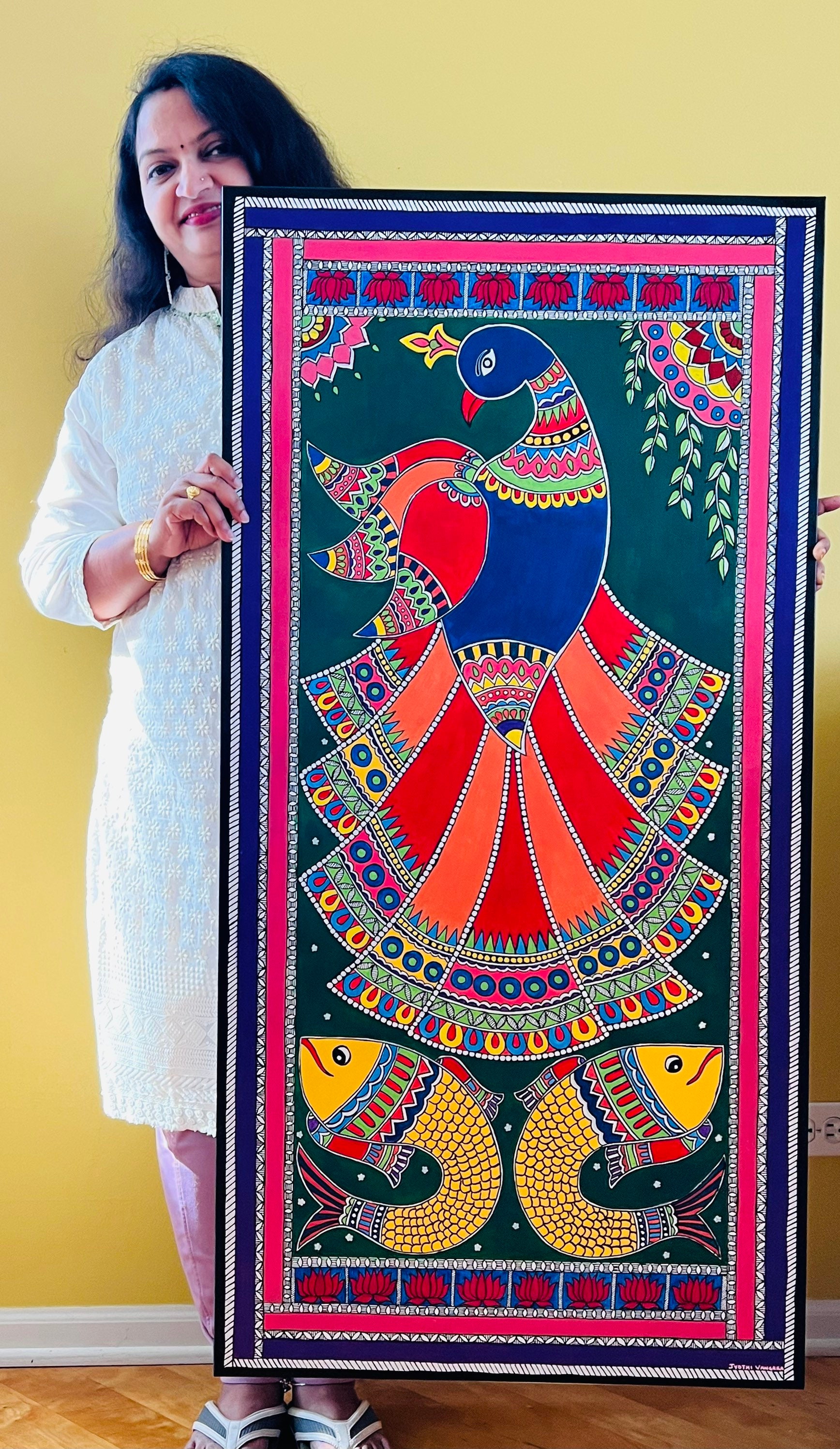 Peacock and Double Fish Madhubani Painting - Etsy