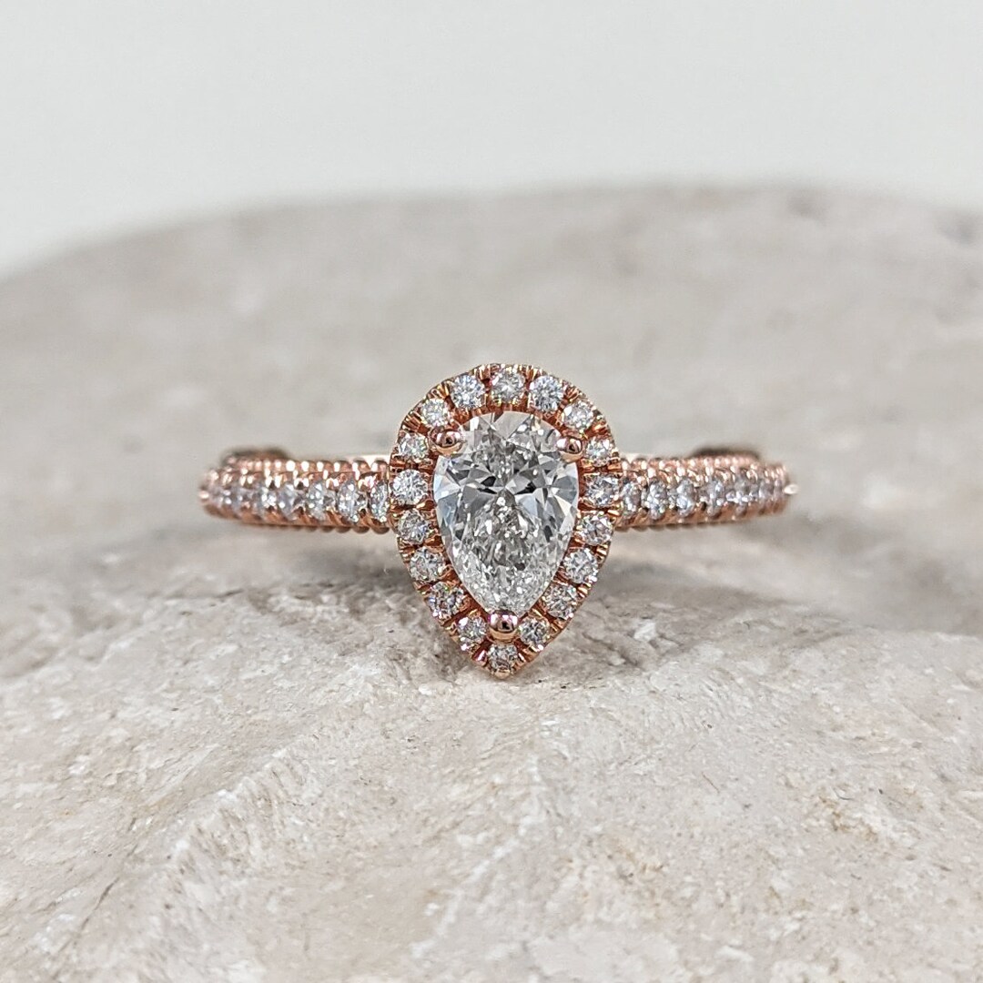 Pear Halo Diamond Engagement Ring,art Deco Engagement Ring,14k Rose ...