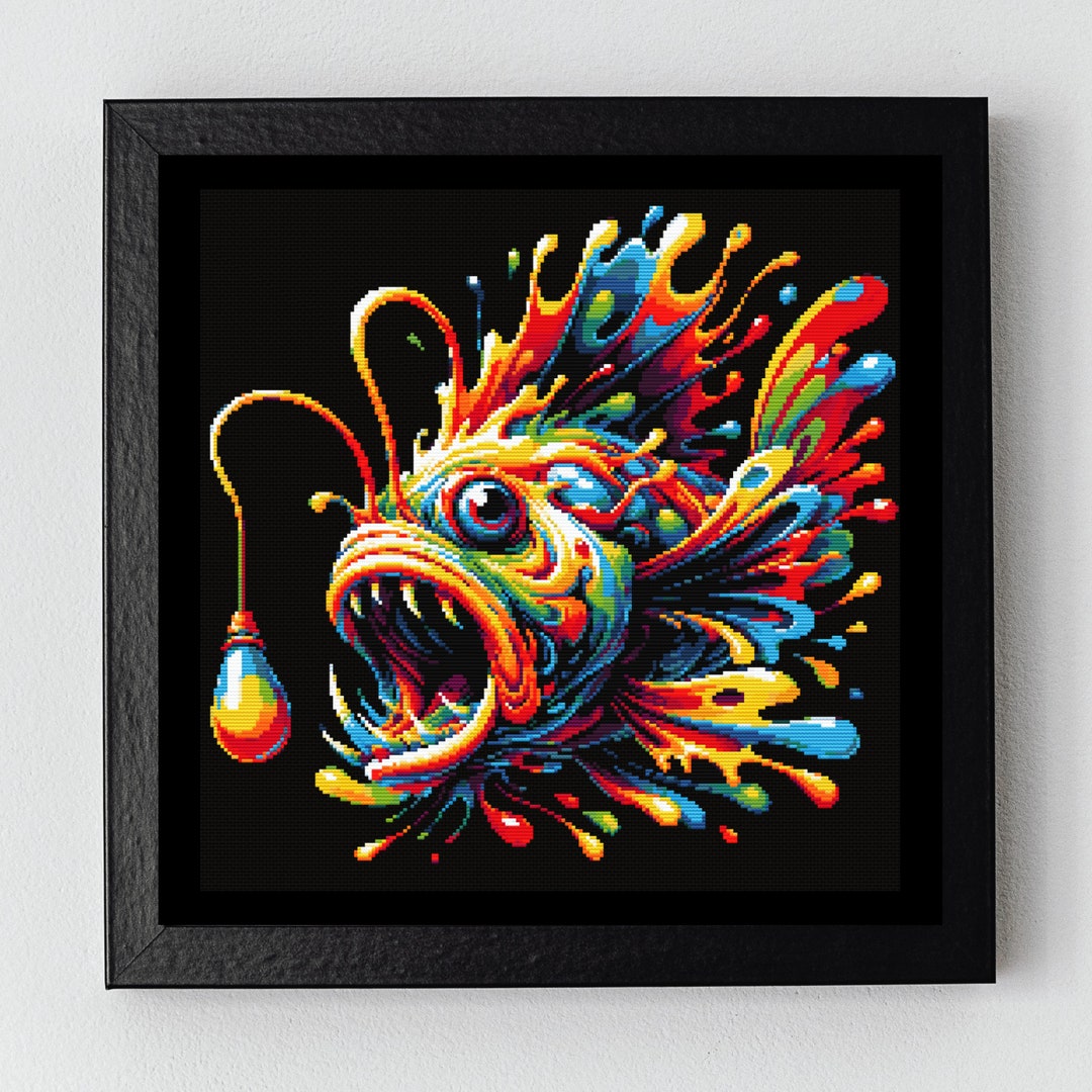 Electric Anglerfish Cross Stitch Pattern, Luminous Deep Sea Fish Design ...