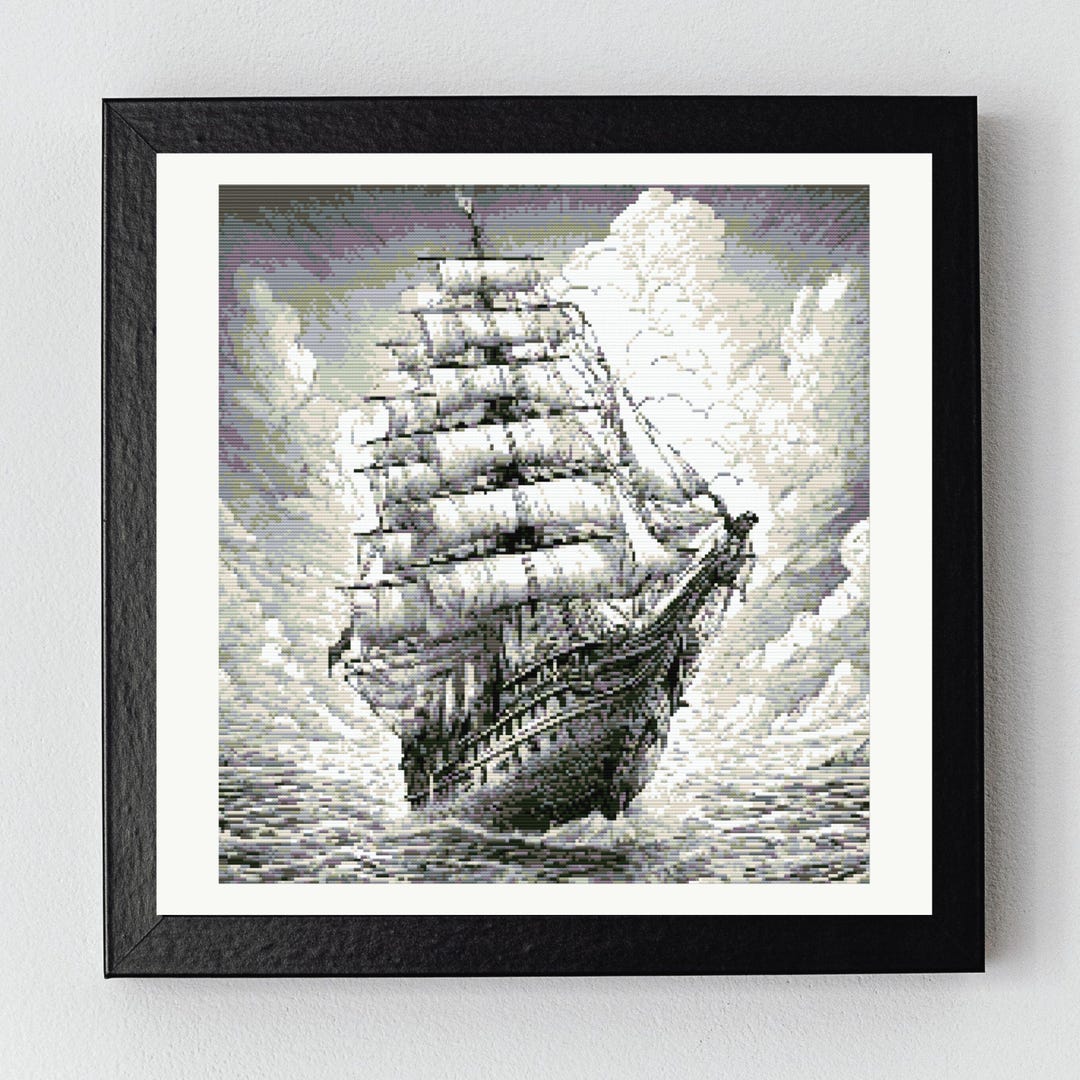 Sailing Ship Cross Stitch Pattern – Vintage Nautical Art, Monochrome ...