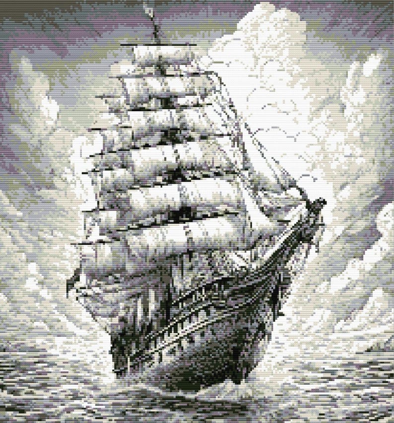 Sailing Ship Cross Stitch Pattern – Vintage Nautical Art, Monochrome ...