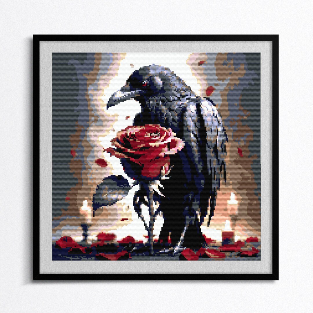 Dark Gothic Raven and Red Rose Cross Stitch Pattern, Romantic Crow ...
