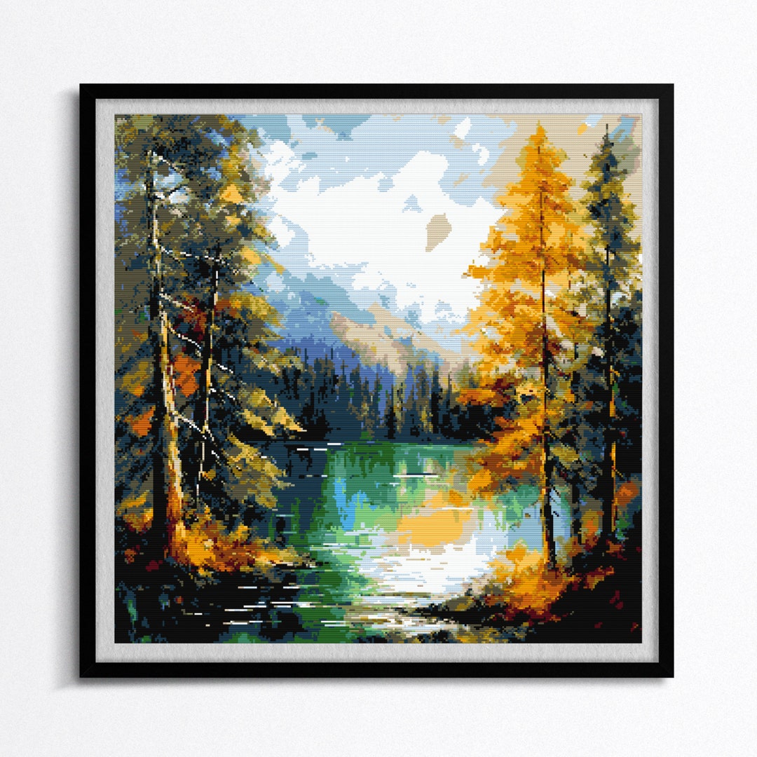 Bob Ross Style - Vibrant Colourful Fall Mountain Lake- Counted Cross ...