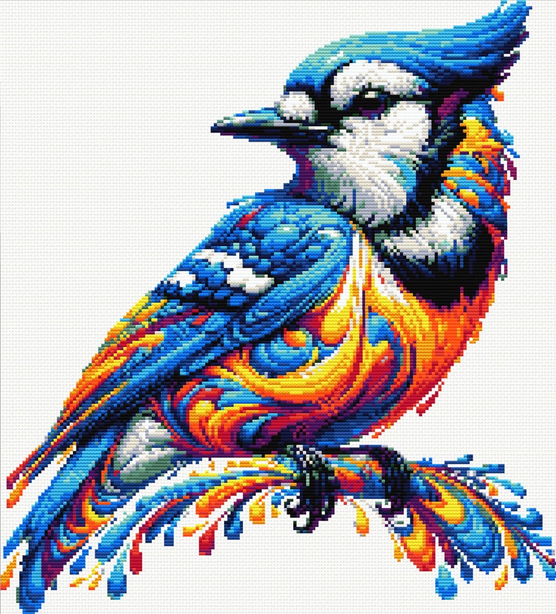 Psychedelic Blue Jay Cross Stitch Pattern, Vivid Rainbow Bird ...