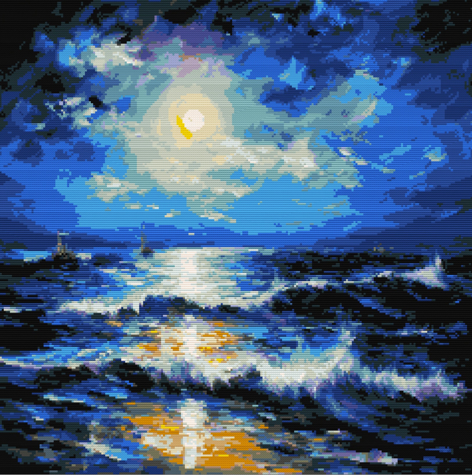 Moonlit Ocean Waves Cross Stitch Pattern - Digital Download, Night ...