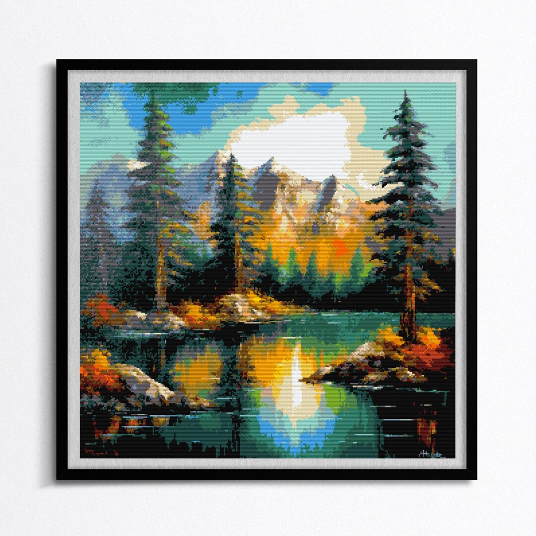 Bob Ross Style - Vibrant Colourful Fall Mountain Lake- Counted Cross ...