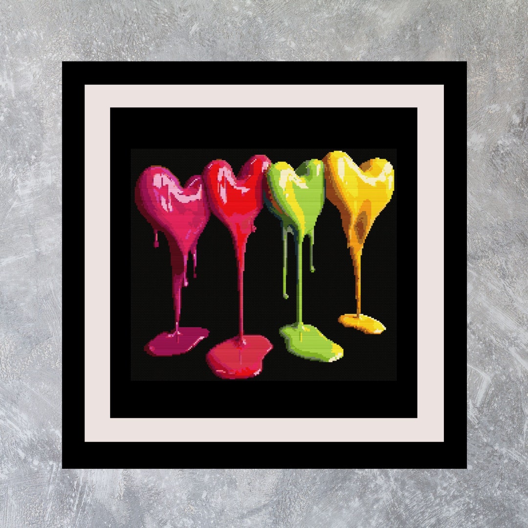Vibrant Dripping Hearts Cross Stitch Pattern, Colorful Love Themed ...