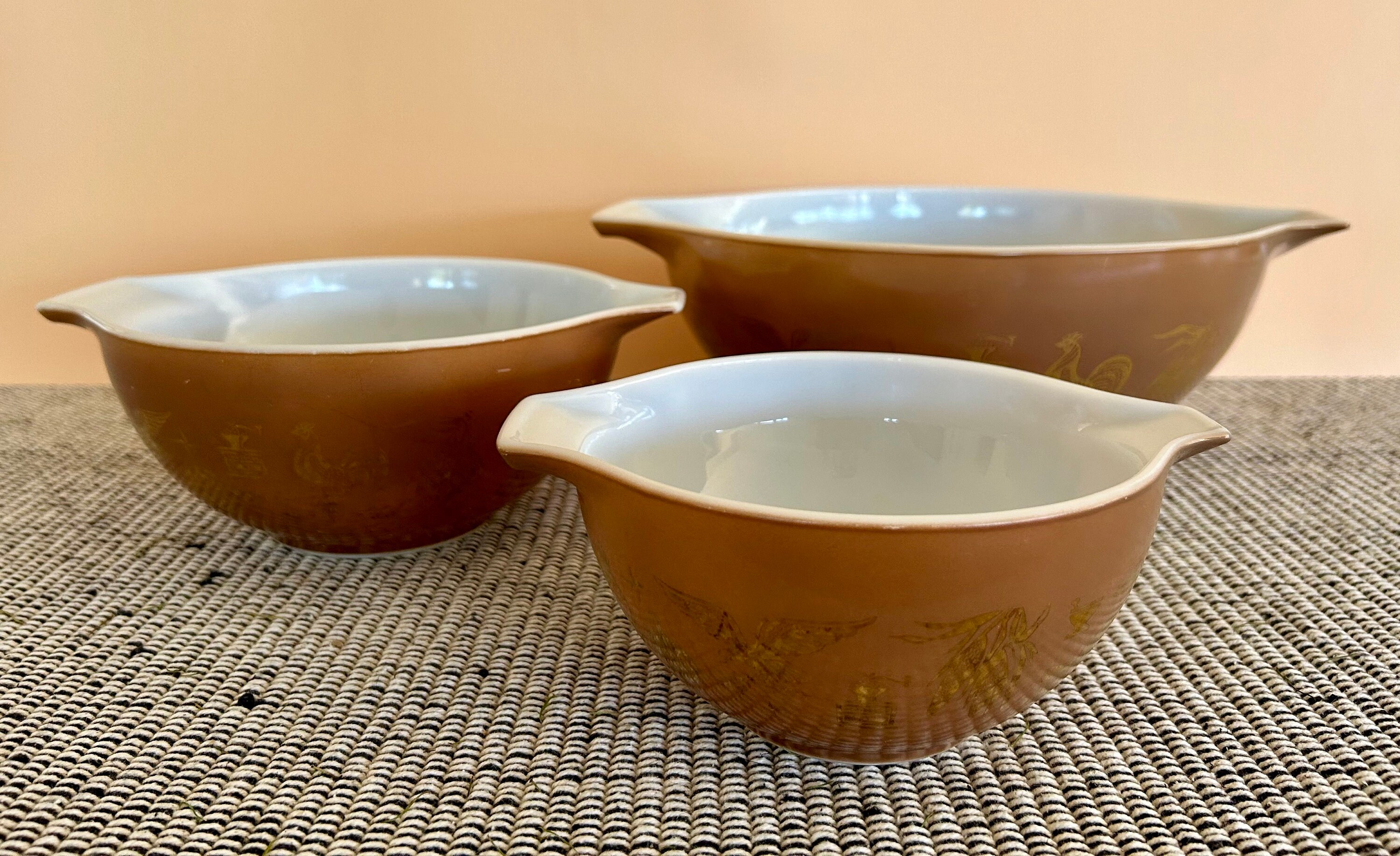 Pyrex Cinderella Bowls, Brown & Gold Americana Motif, 3 Sizes Available ...
