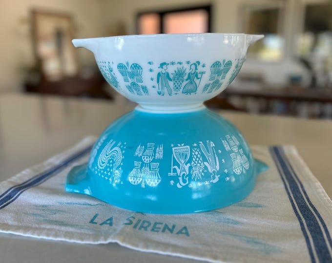 Pyrex Cinderella Bowls, Turquoise and White Butterprint Design, 2.5 and ...