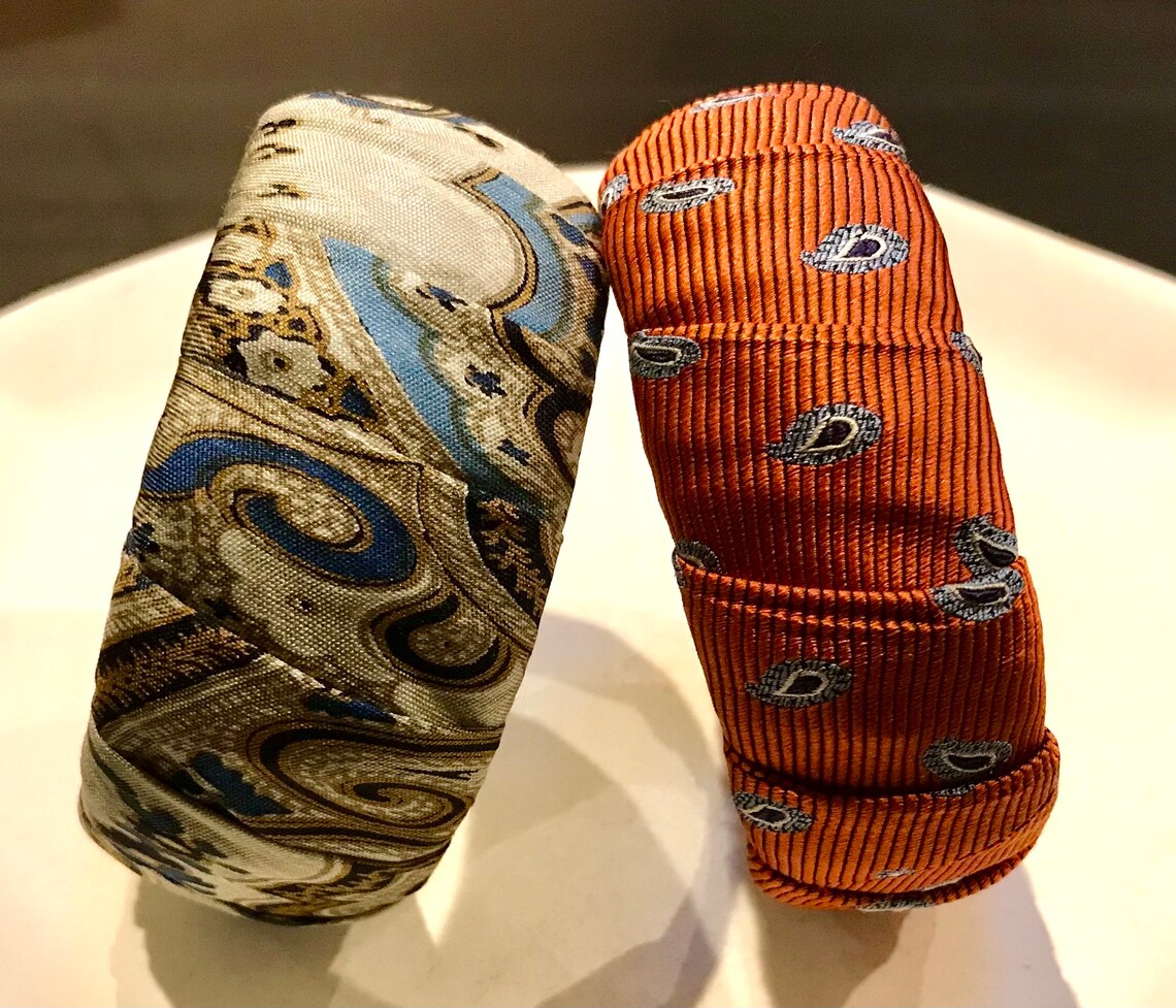 Pair of Upcycled Tie Bracelets, Wearable Textile Art, Vintage Neckties ...
