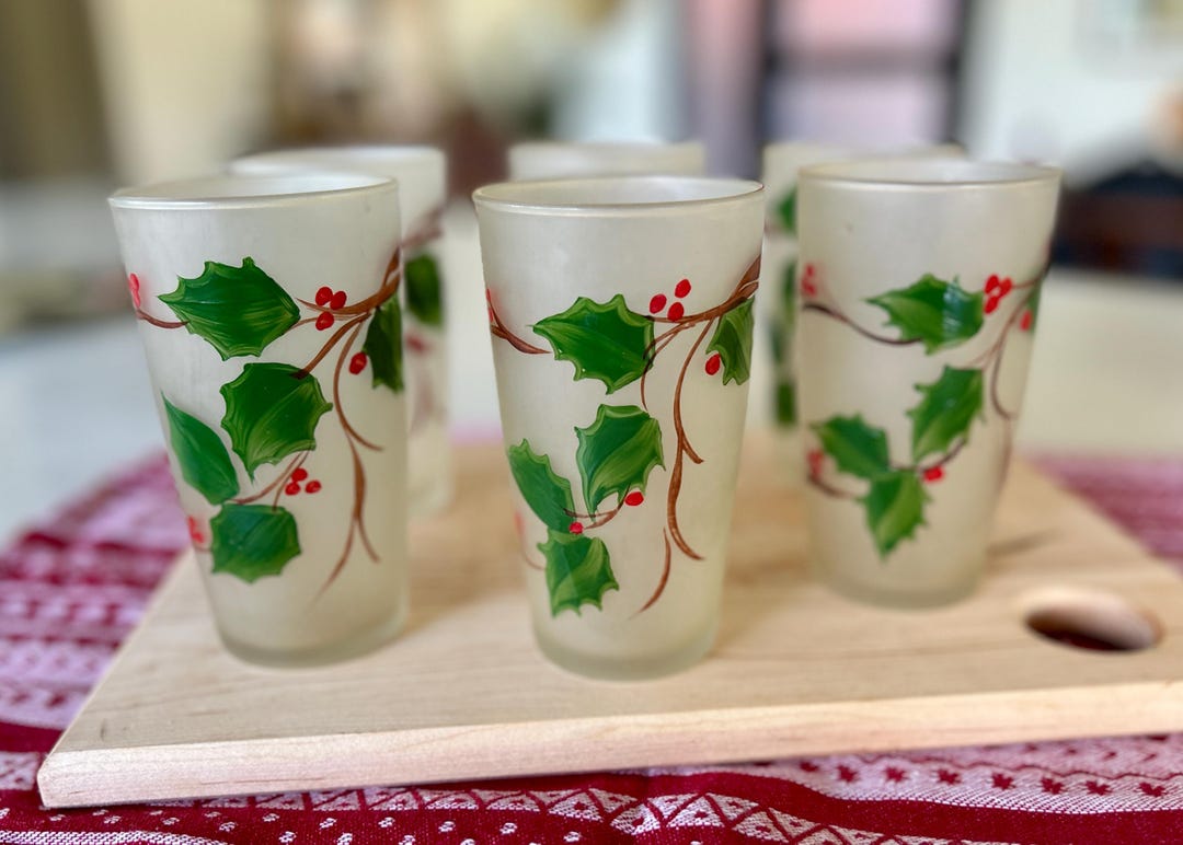 Set/6 Hand Painted Holly Glasses, Classic Holiday Barware, Frosted ...