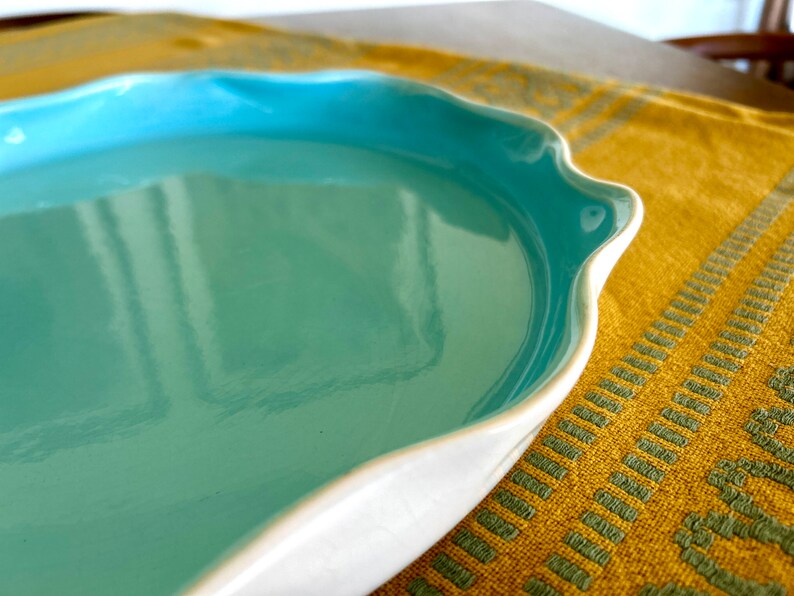 Turquoise & White 13" Platter, Fluted Edge Serving Dish, MCM Tableware ...