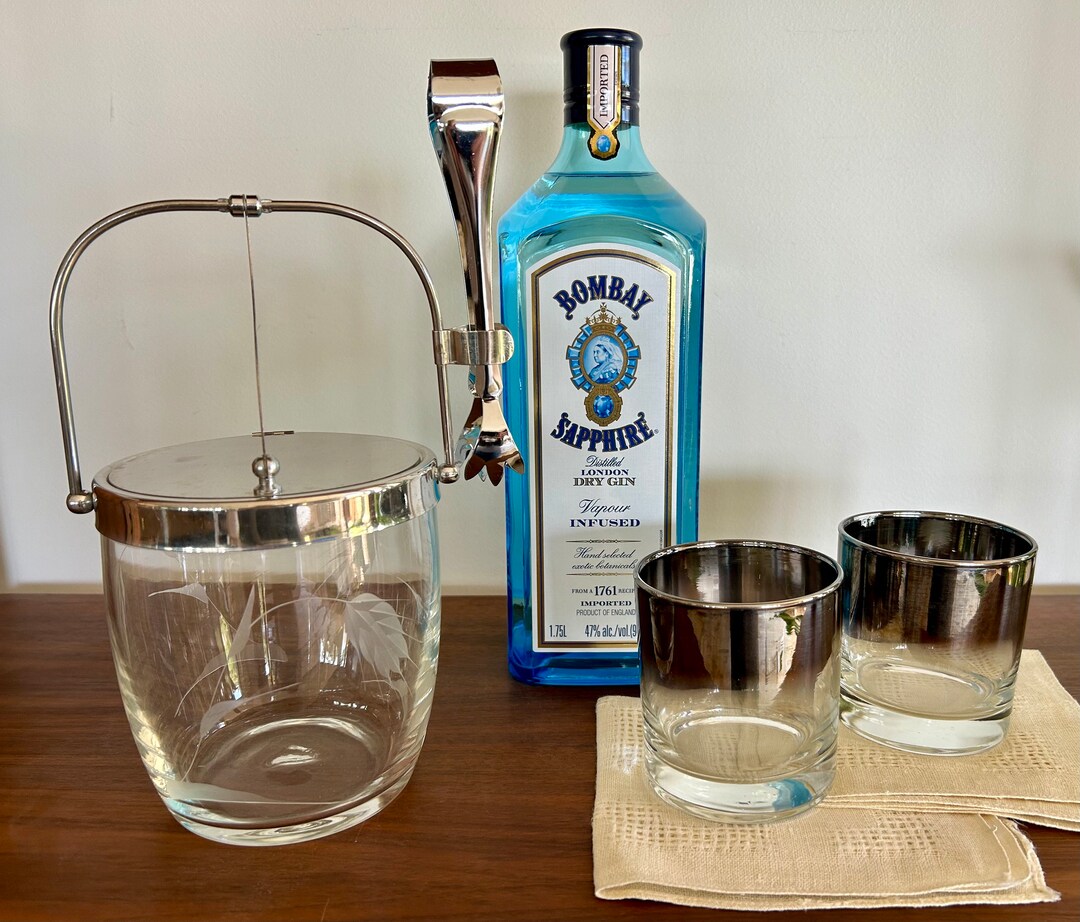 Vintage Sasaki Ice Bucket With Retractable Lid and Tongs, Etched Glass ...