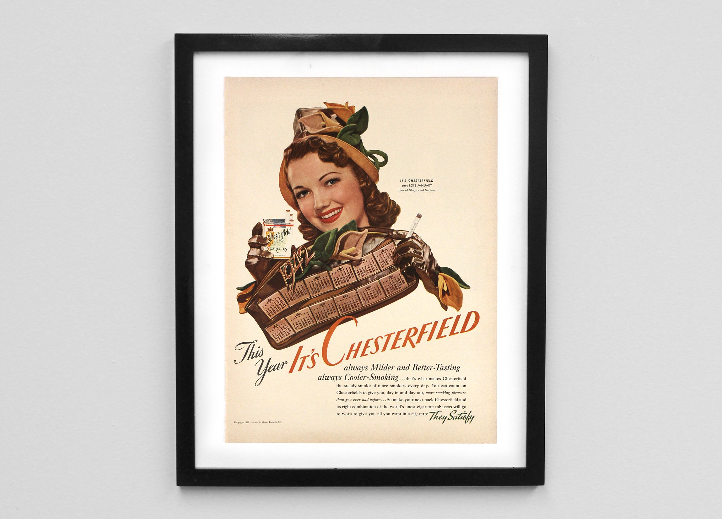 1942 Chesterfield Cigarettes Magazine Ad Print - Tobacco Ad Decor - 40's Wall Art - Etsy