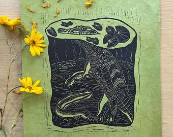 Linocut Print Swimming - Etsy