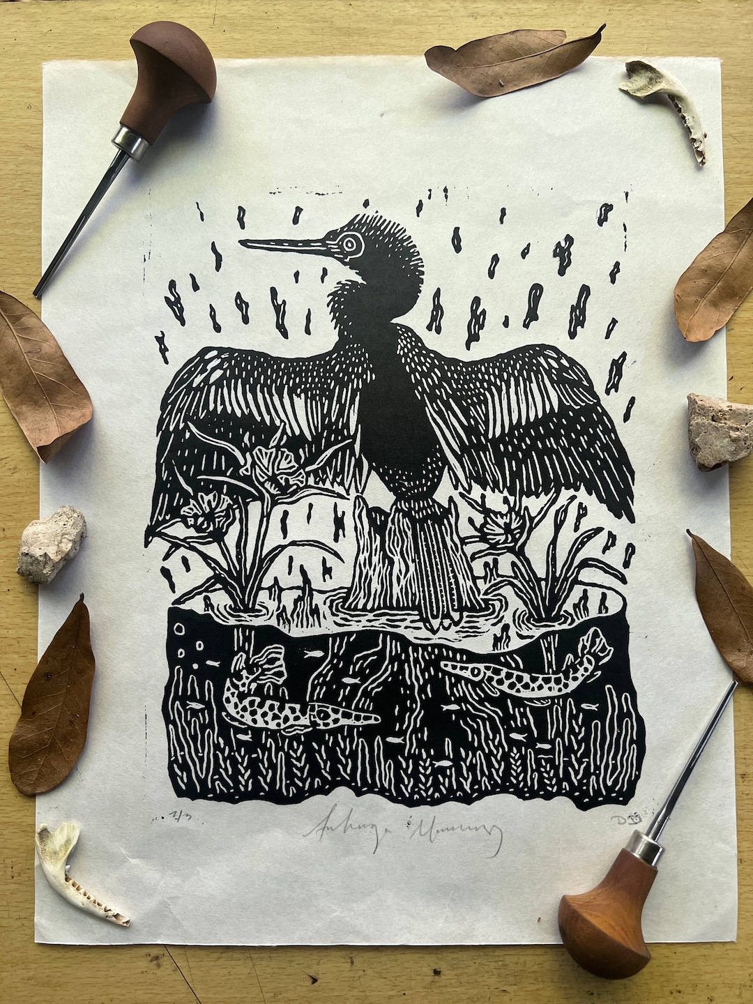 Anhinga Print, "anhinga Morning", Handmade Linocut Print - Etsy