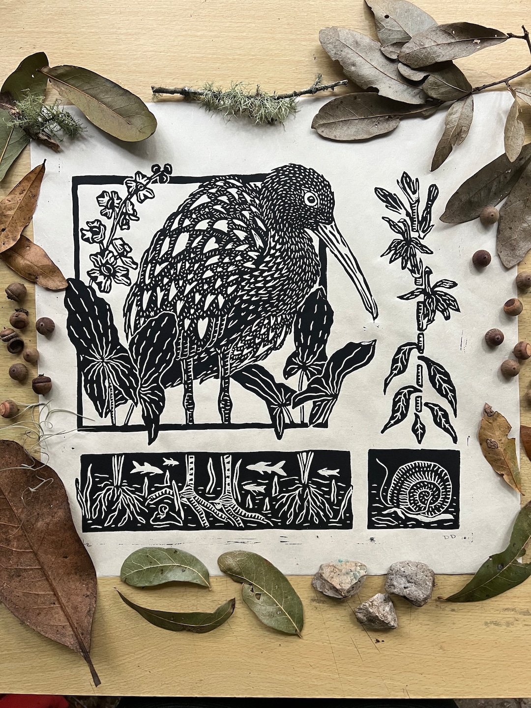 Limpkin Linocut Print, "limpkin in the Flowers", Handmade Linocut - Etsy