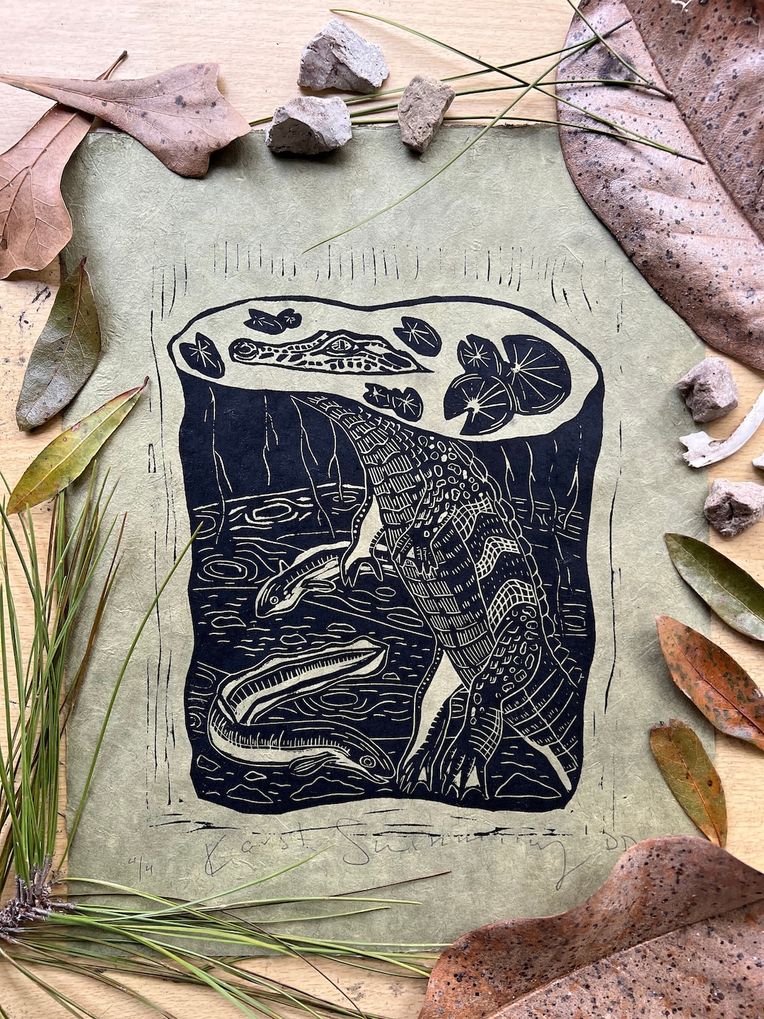 Alligator Linocut, "karst Swimming", Handmade Linocut Print - Etsy