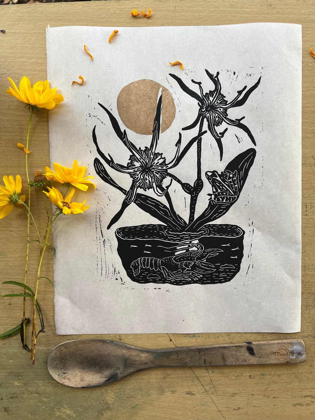 Spiderlily and Frog Linocut Print, "lilies of the Flatwoods", Handmade ...