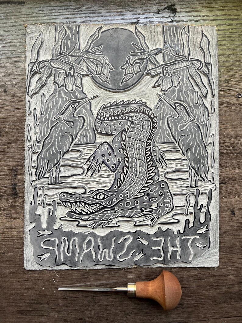 Alligator and Swamp Linocut, "the Swamp", Handmade Linocut Print - Etsy