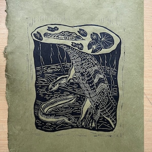 Alligator Linocut, "karst Swimming", Handmade Linocut Print - Etsy