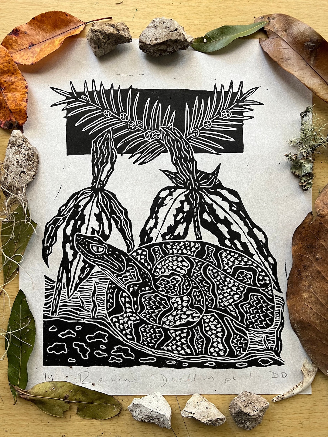 Torreya and Copperhead Print, "ravine Dwellers", Handmade Linocut Print ...