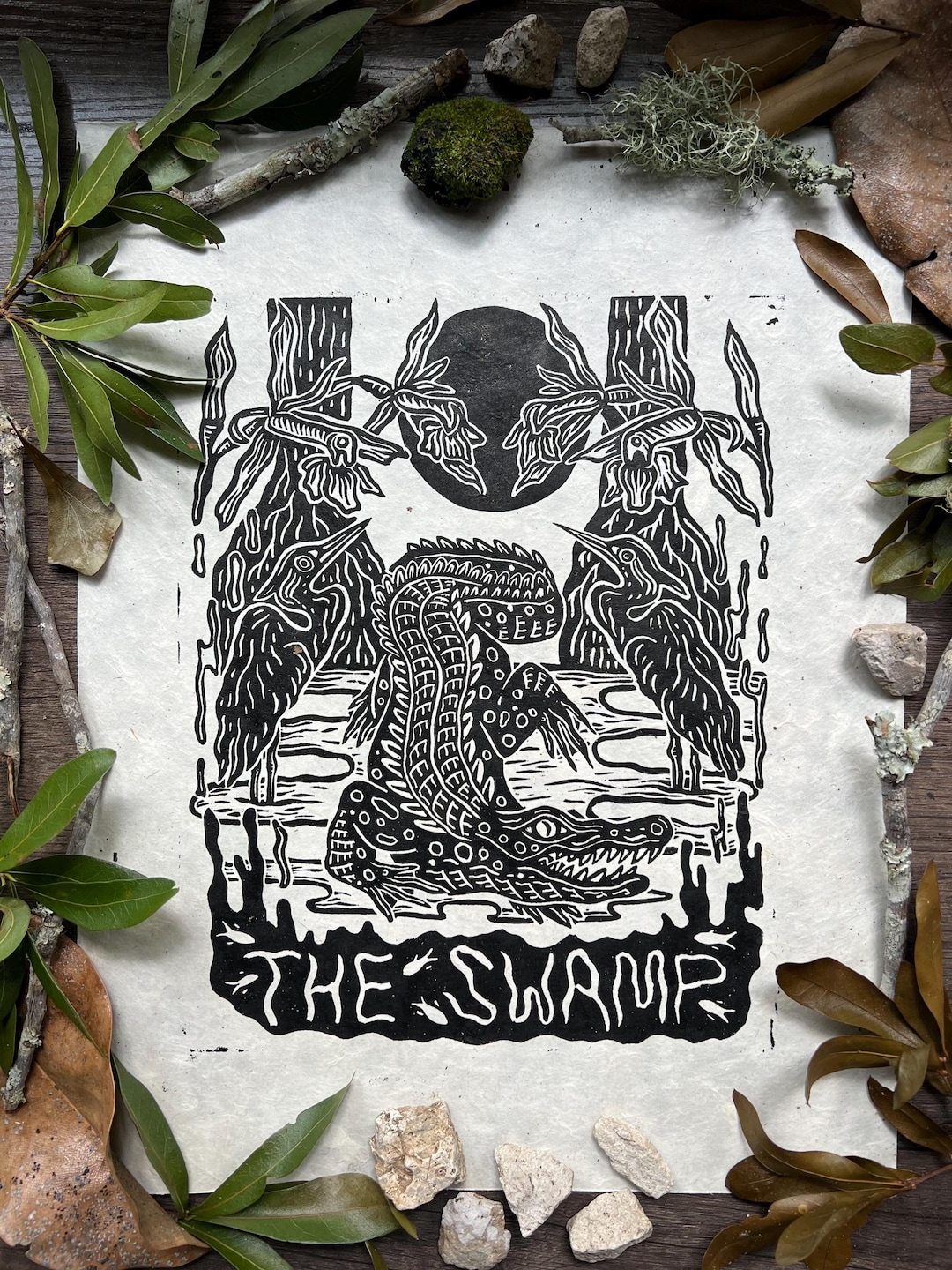 Alligator and Swamp Linocut, "the Swamp", Handmade Linocut Print - Etsy