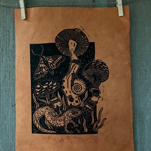 Mushroom Linocut Print, "midnight Forest Magic", Handmade Linocut - Etsy