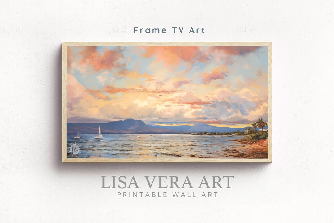 Frame TV Art - Hawaii Beach Harbor, Hawaiian Sunset Landscape Oil ...