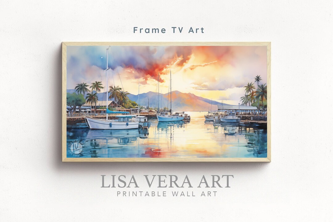 Frame TV Art - Hawaii Boat Harbor, Hawaiian Sunset Landscape Watercolor ...