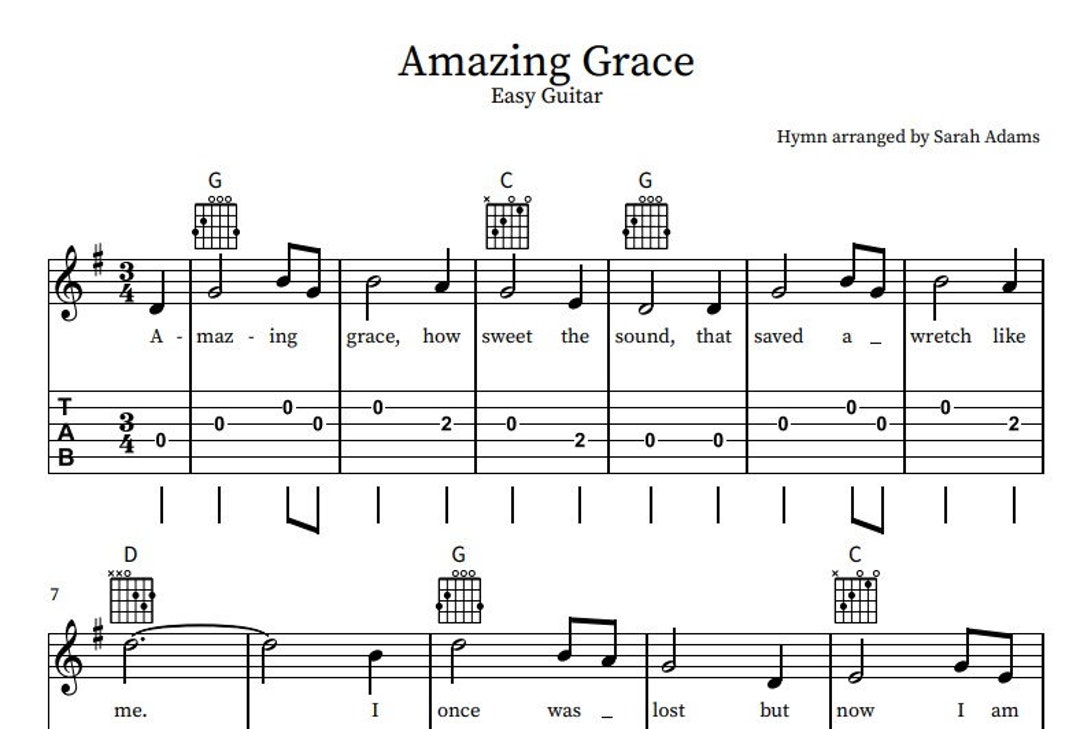 Amazing Grace Easy Guitar Tab - Etsy
