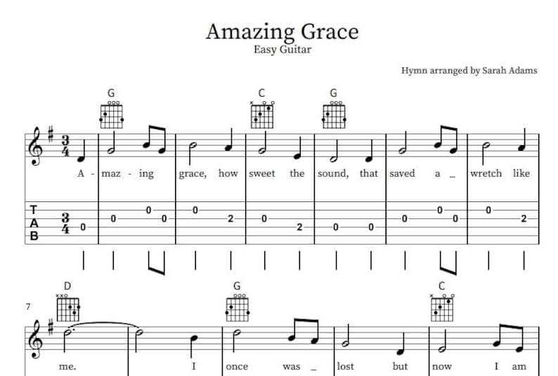 Amazing Grace Easy Guitar Tab - Etsy