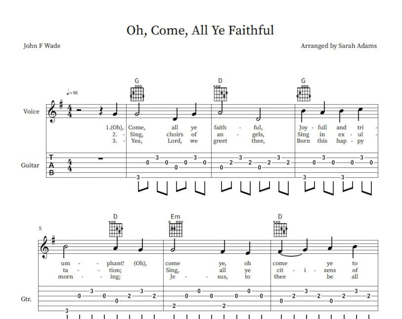 Oh, Come, All Ye Faithful Guitar Tab - Etsy